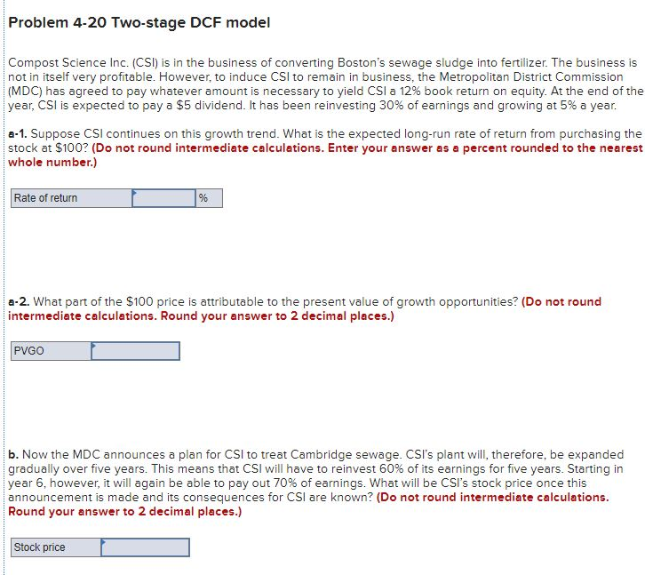 Solved Problem 4-20 Two-stage DCF model Compost Science Inc. | Chegg.com