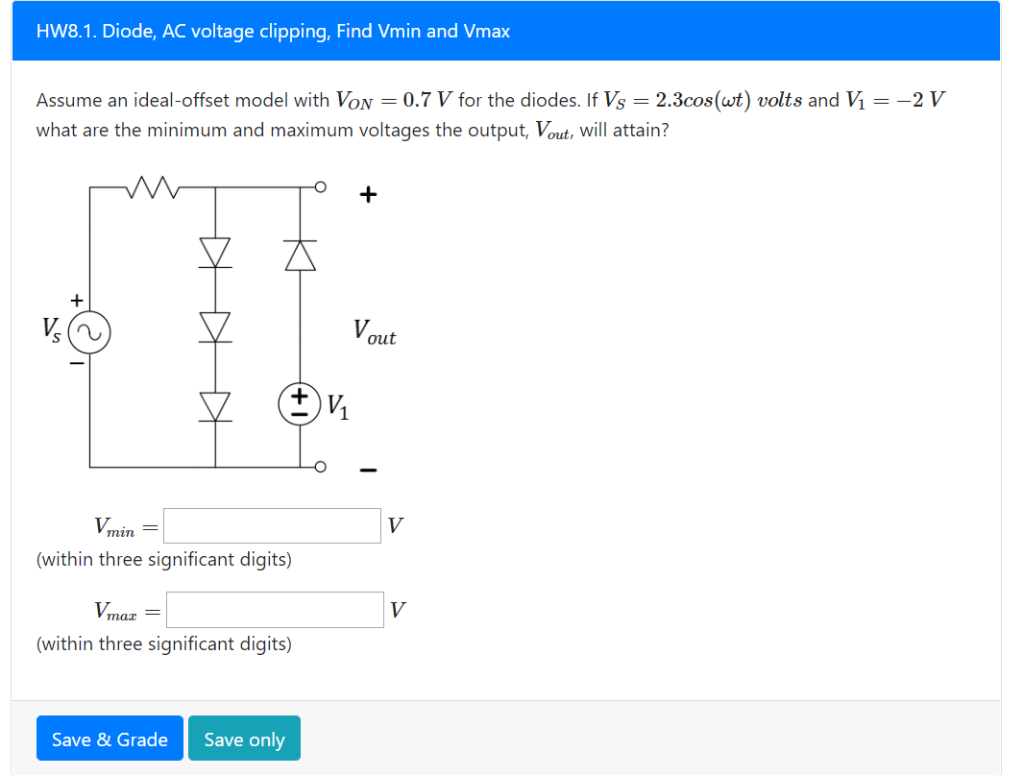 Solved HW8.1. Diode, AC voltage clipping, Find Vmin and Vmax | Chegg.com
