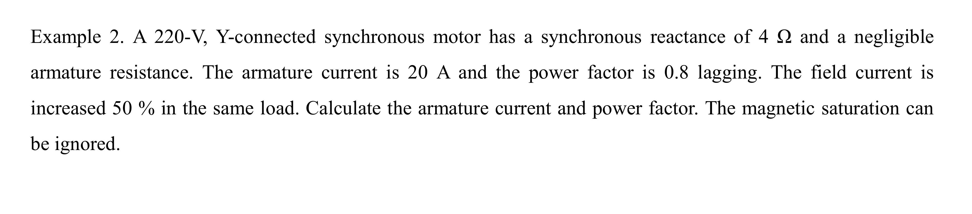 Solved Example 2. A 220-V, Y-connected synchronous motor has | Chegg.com