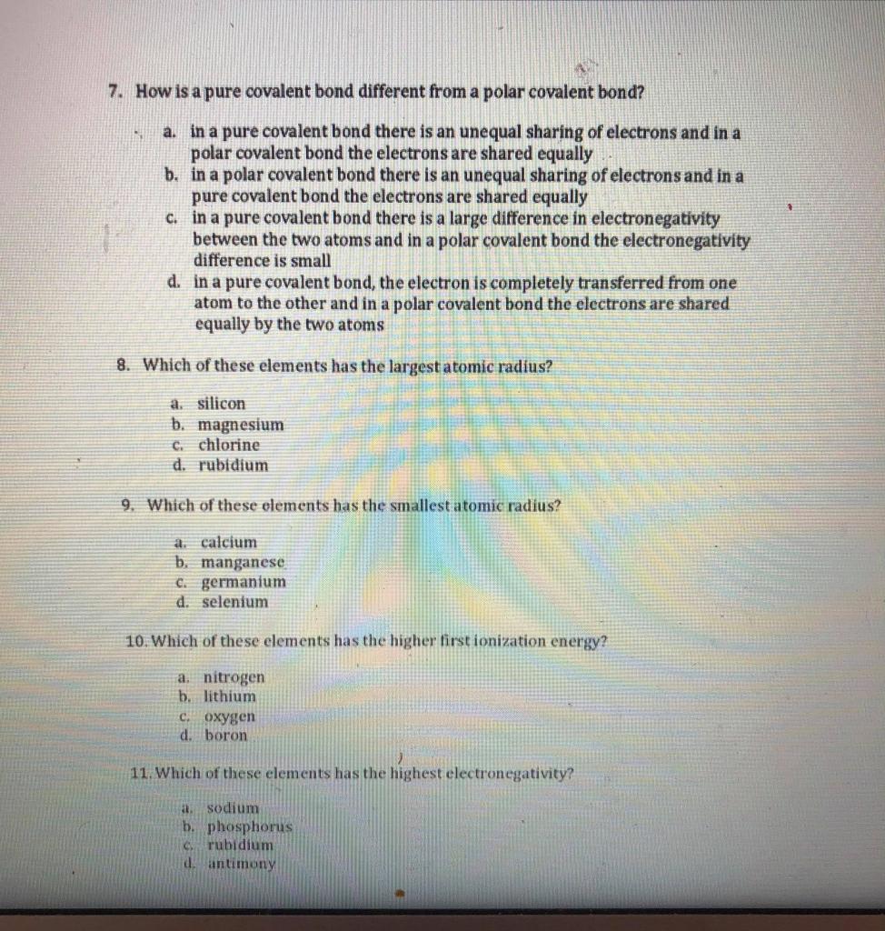 Solved 7. How is a pure covalent bond different from a polar | Chegg.com