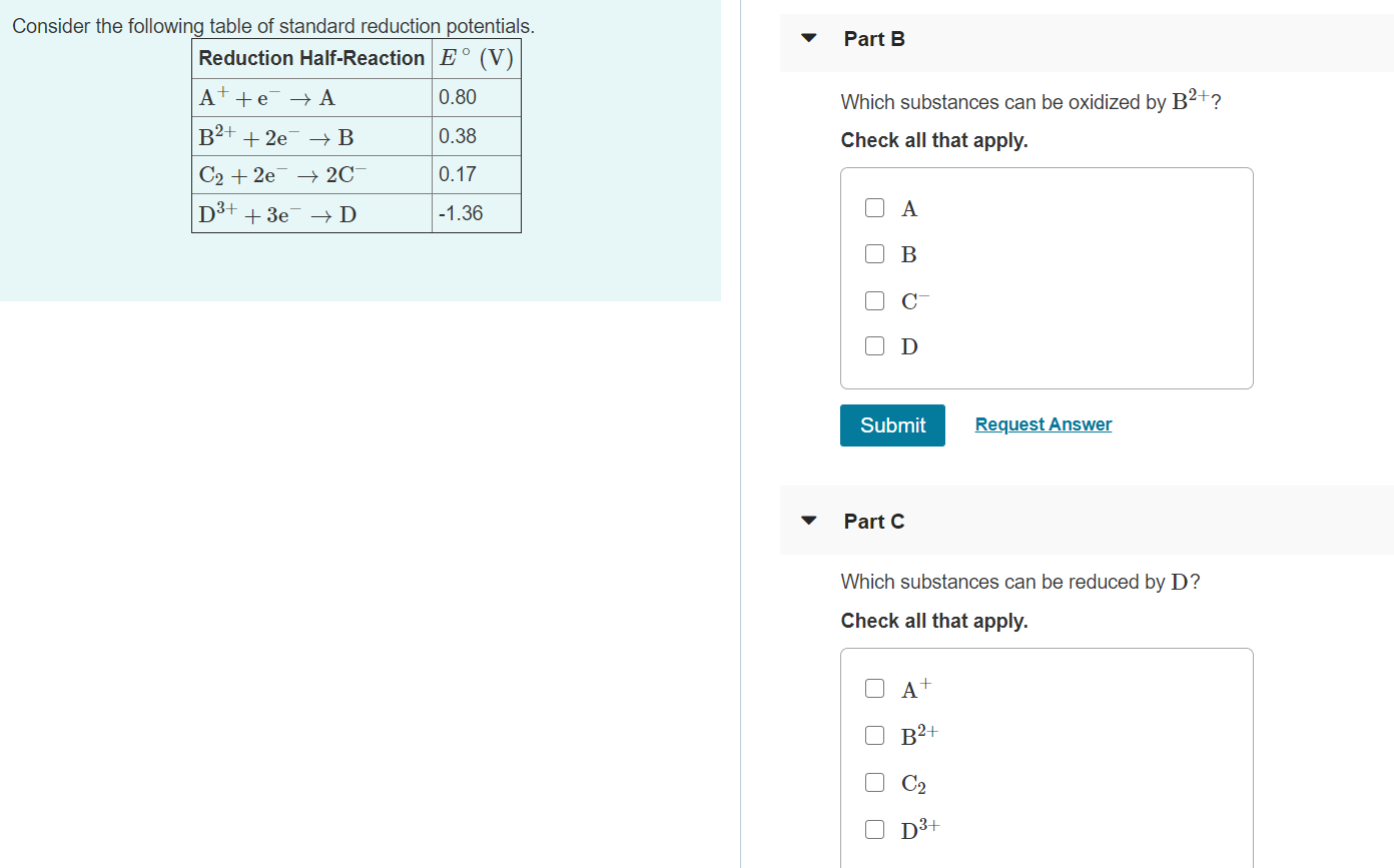Solved Part B Consider the following table of standard | Chegg.com