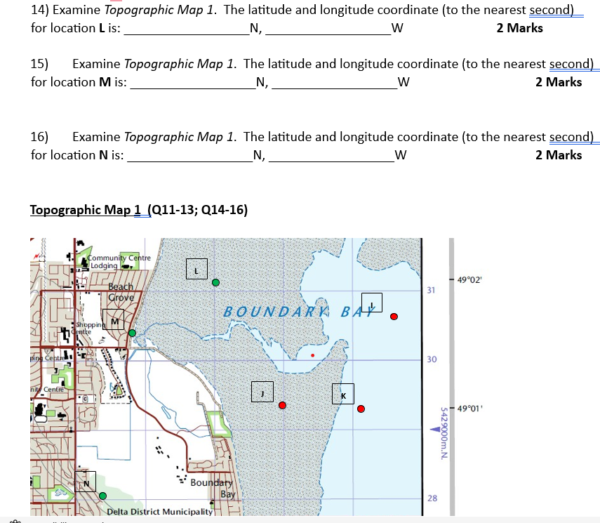 Solved 14) Examine Topographic Map 1. The latitude and | Chegg.com