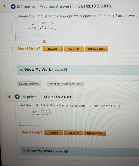 Solved 3. 0/2 points Previous Answers SCalcET8 2.6.013. | Chegg.com