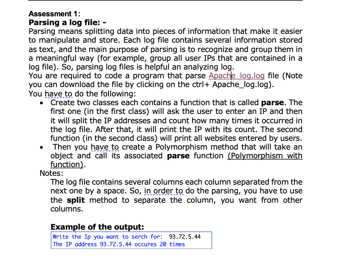 Assessment 1: Parsing a log file: Parsing means | Chegg.com