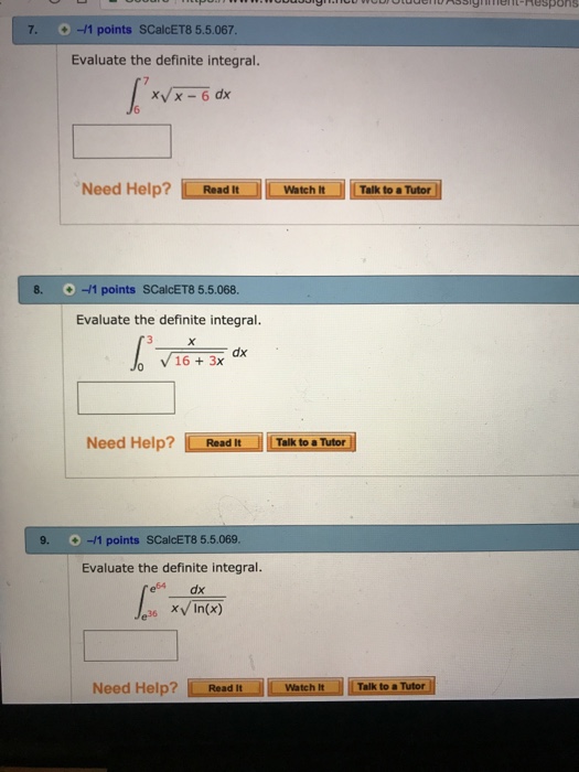Solved ㅢ1 points scalcET8 5.5.067. Evaluate the definite | Chegg.com