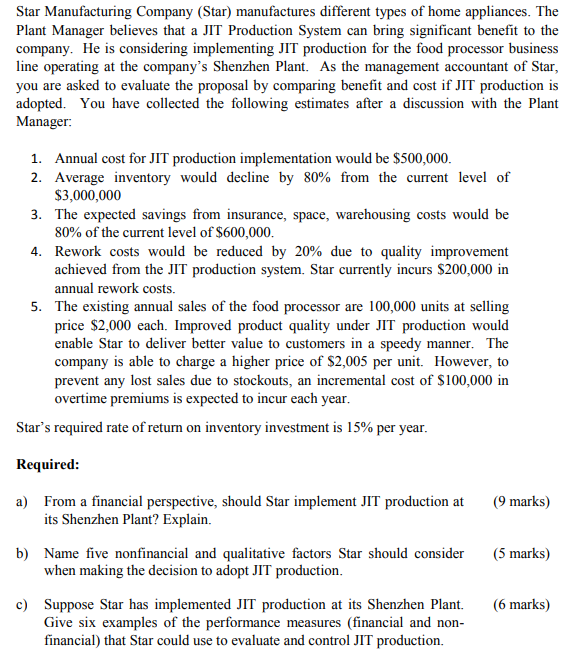 Solved Star Manufacturing Company (Star) manufactures | Chegg.com
