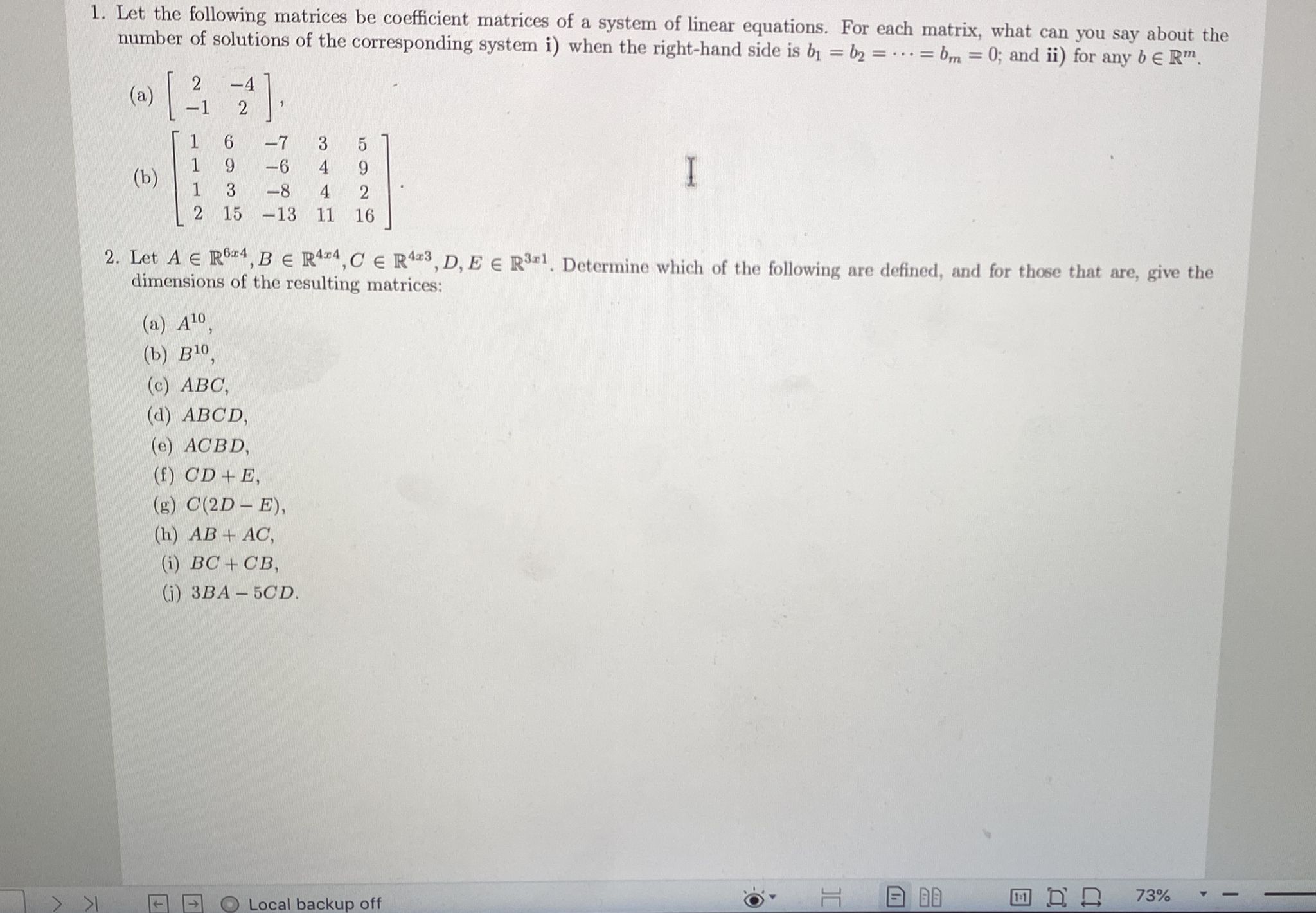 Solved 1. Let the following matrices be coefficient matrices | Chegg.com