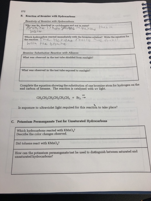Solved 272 B. Reaction of Bromine with Hydrocarbons Why was | Chegg.com