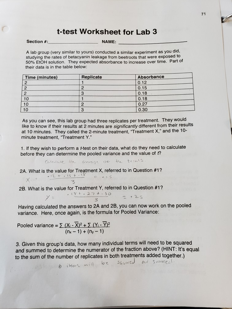 Solved 71 t-test Worksheet for Lab 3 Section #: NAME: A lab | Chegg.com