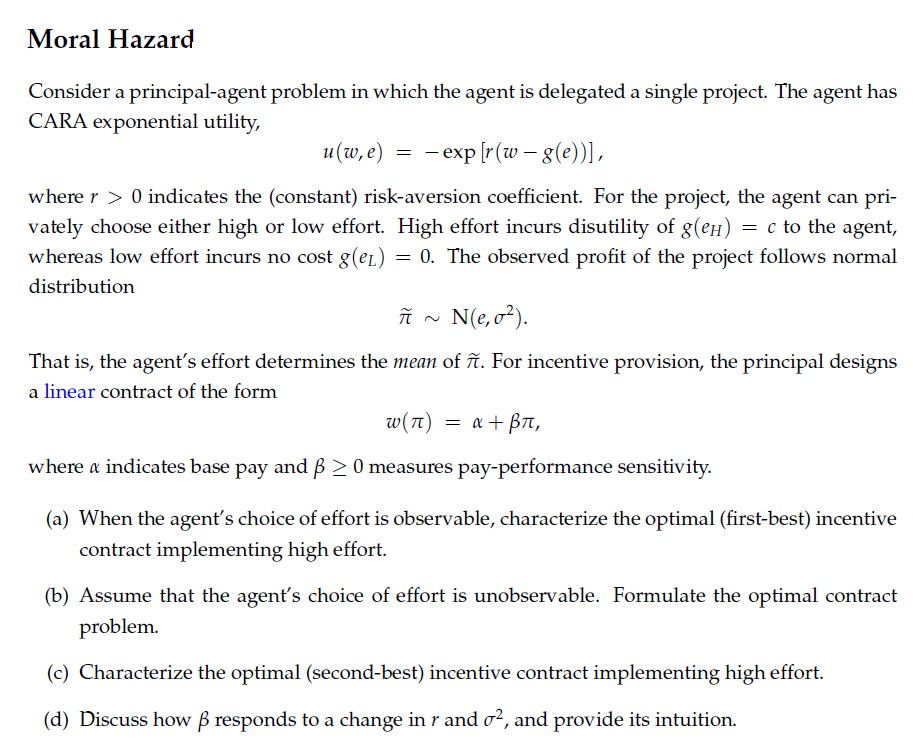 Solved Moral Hazard Consider a principal-agent problem in | Chegg.com