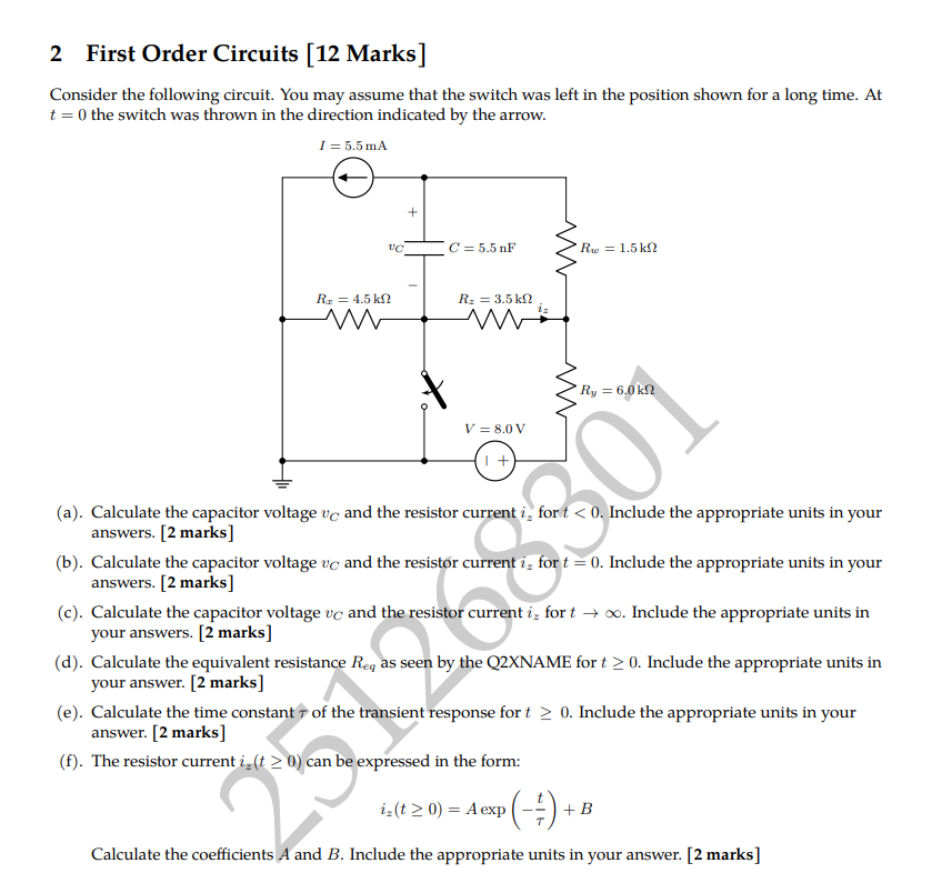 Solved 2 ﻿First Order Circuits [12 ﻿Marks]Consider the | Chegg.com