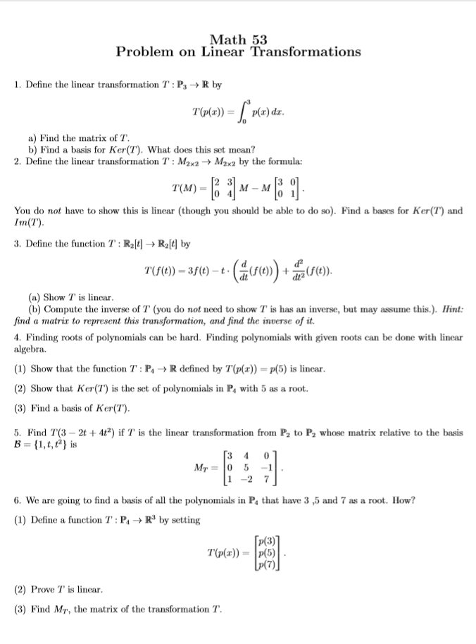 Solved Math 53 Problem on Linear Transformations 1. Define | Chegg.com
