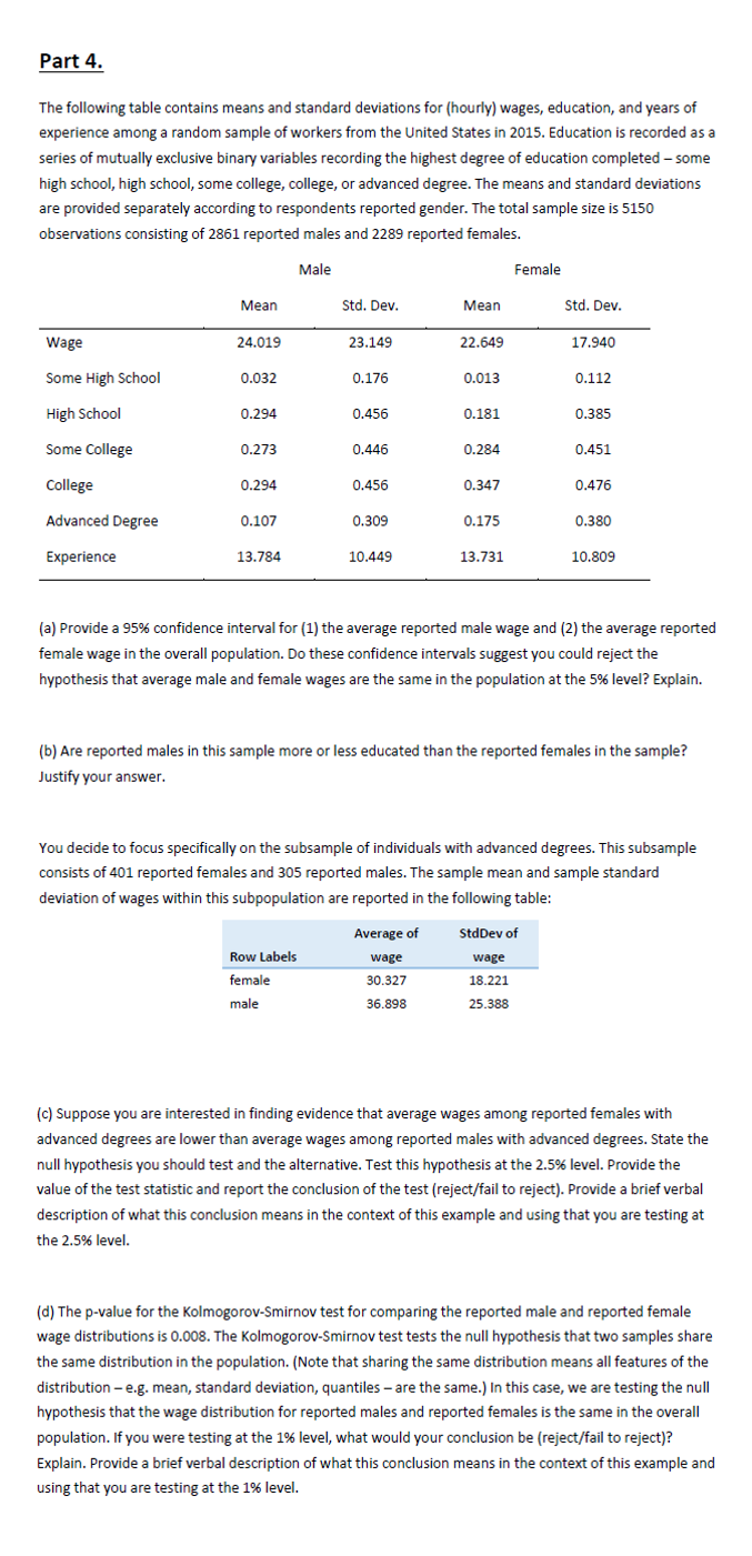 Solved Part 4. The following table contains means and | Chegg.com