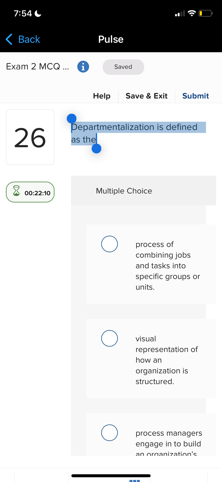 Solved Departmentalization is defined as theprocess of | Chegg.com