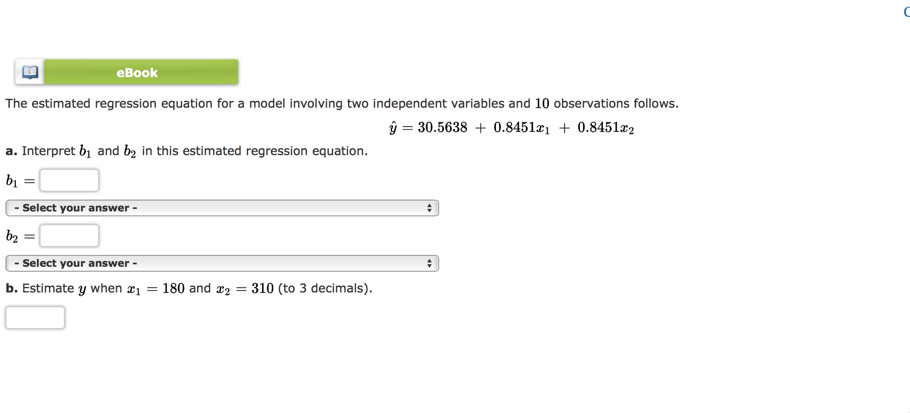 Solved eBook The estimated regression equation for a model | Chegg.com