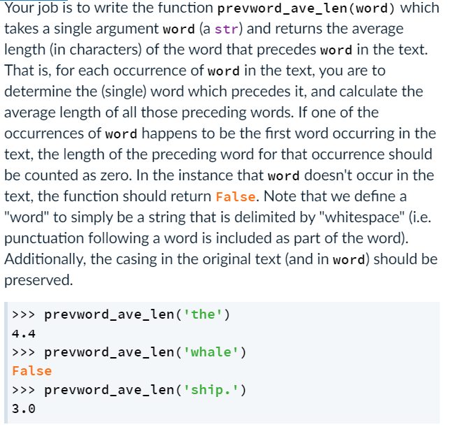 Solved Your job is to write the function prevword_ave_len | Chegg.com