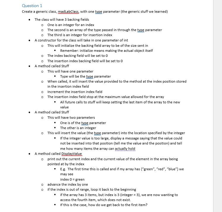 Solved Question 1 Create a generic class, madlabclass, with | Chegg.com