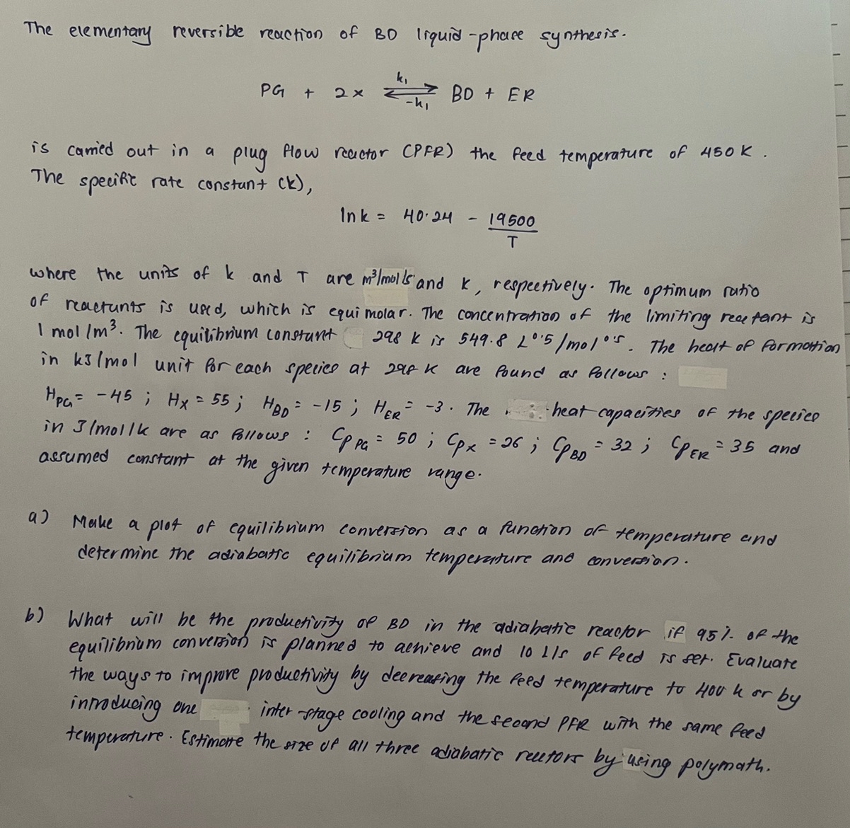 Solved The elementary reversible reaction of BO liquid-phase | Chegg.com