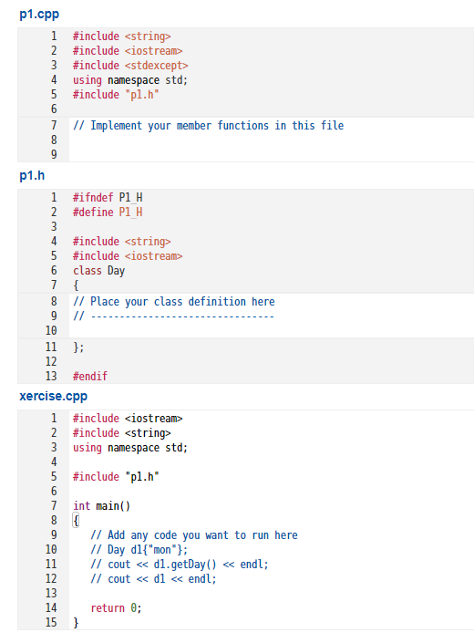 Solved PE10 - Implementing Classes Implement the class Day | Chegg.com