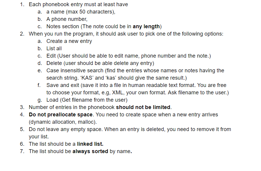Solved Write a phonebook software in C and on Ubuntu with | Chegg.com