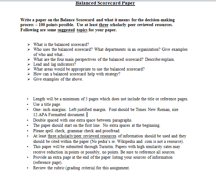 Solved Balanced Scorecard Paper Write a paper on the Balance | Chegg.com