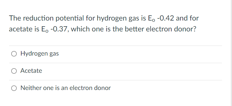 Solved The reduction potential for hydrogen gas is E. -0.42 | Chegg.com