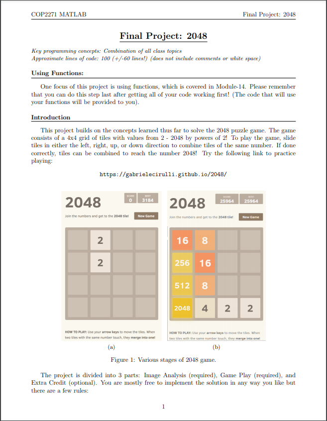 COP2271 MATLAB Final Project: 2048 Final Project: | Chegg.com
