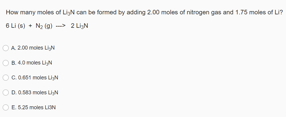 Solved How many moles of Li3N can be formed by adding 2.00 | Chegg.com