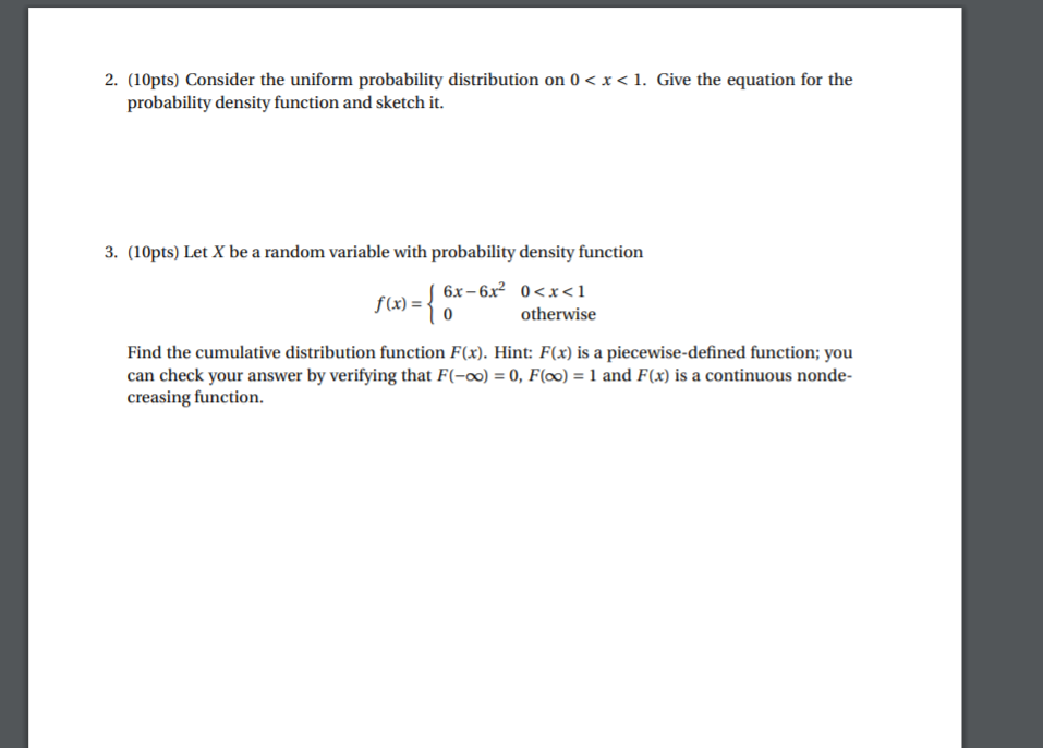 Solved 2. (10pts) Consider the uniform probability | Chegg.com