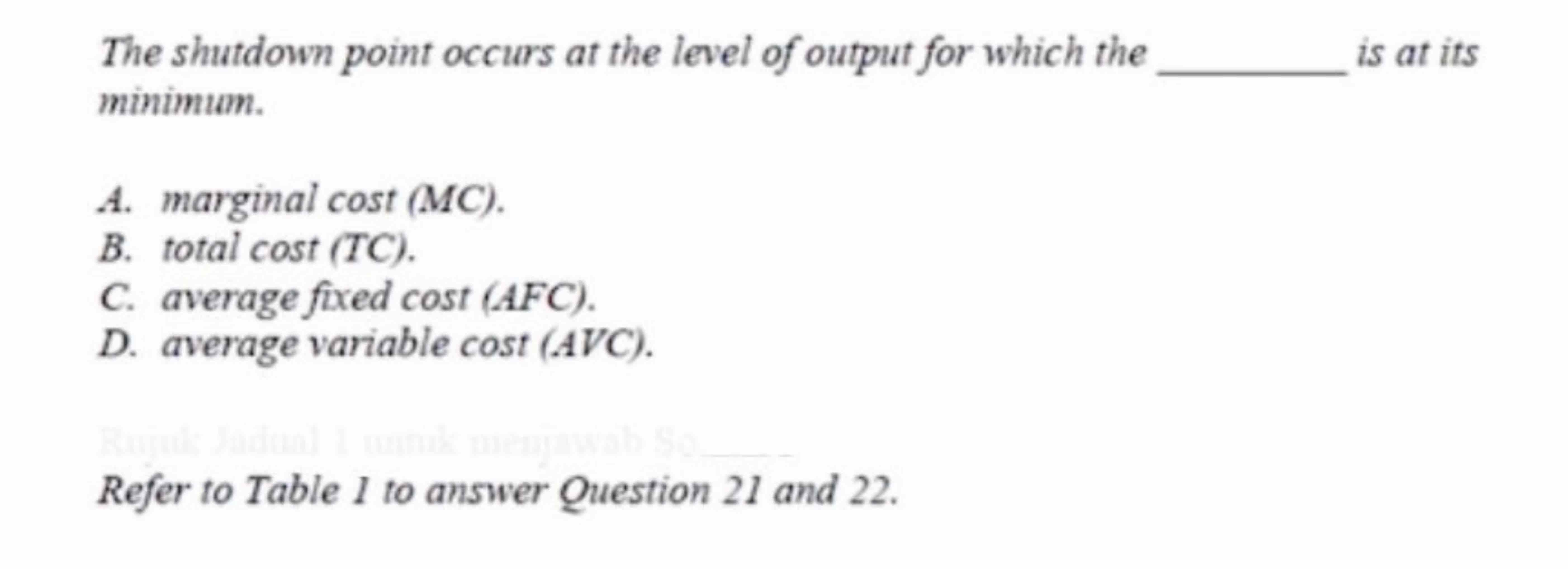 Solved The shutdown point occurs at the level of output for | Chegg.com