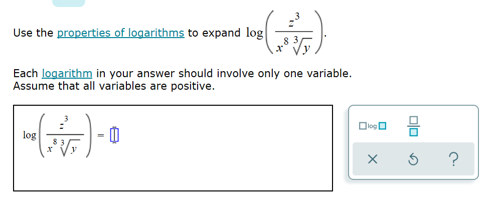 Solved Use the properties of logarithms to expand log Each | Chegg.com