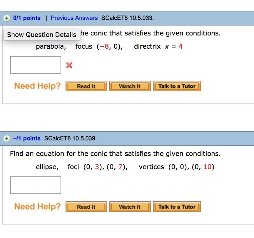 Solved 0/1 points | Previous Answers SCalcET8 10.5.033. Show | Chegg.com
