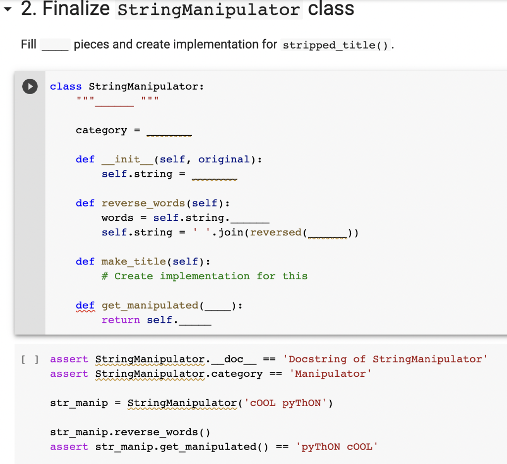 Solved 2. Finalize StringManipulator class Fill pieces and | Chegg.com