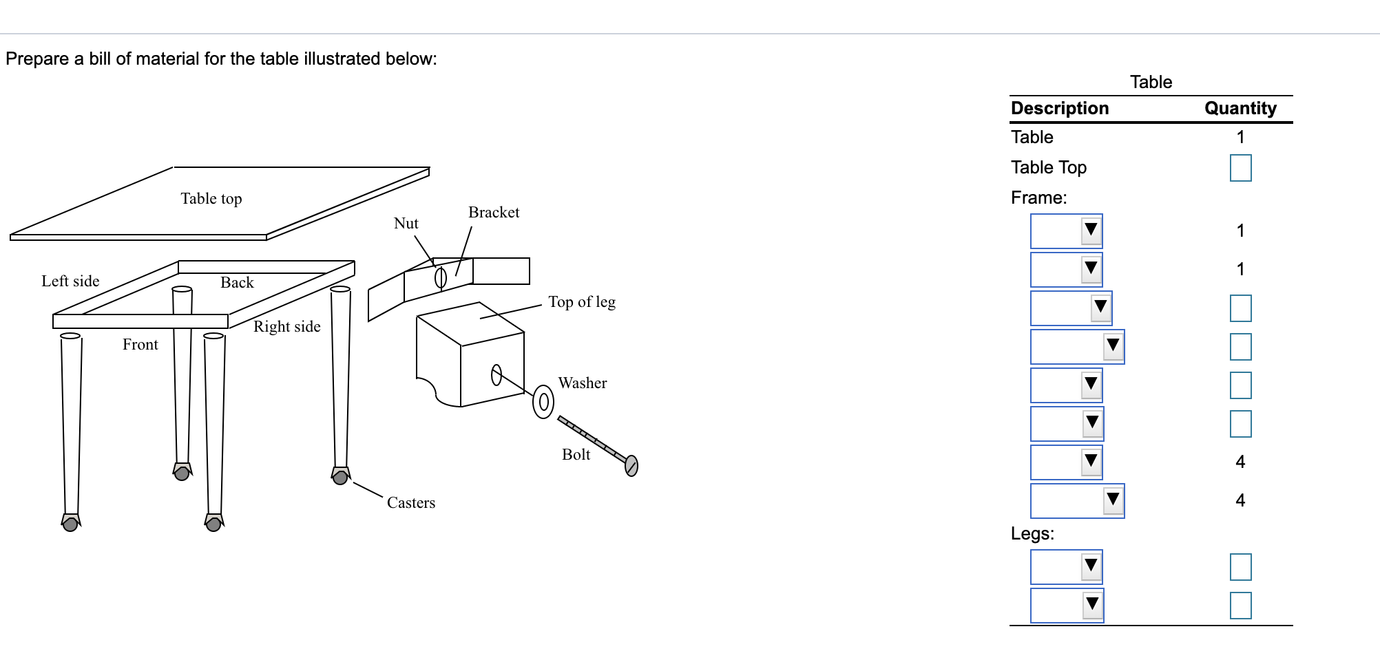 Solved Prepare a bill of material for the table illustrated | Chegg.com