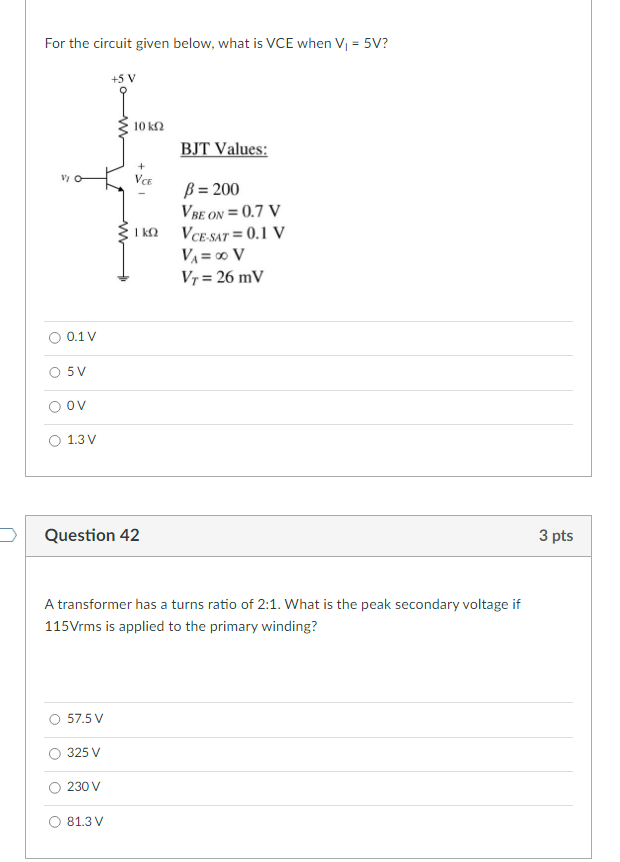 Solved For the circuit given below, what is VCE when V1=5 V | Chegg.com