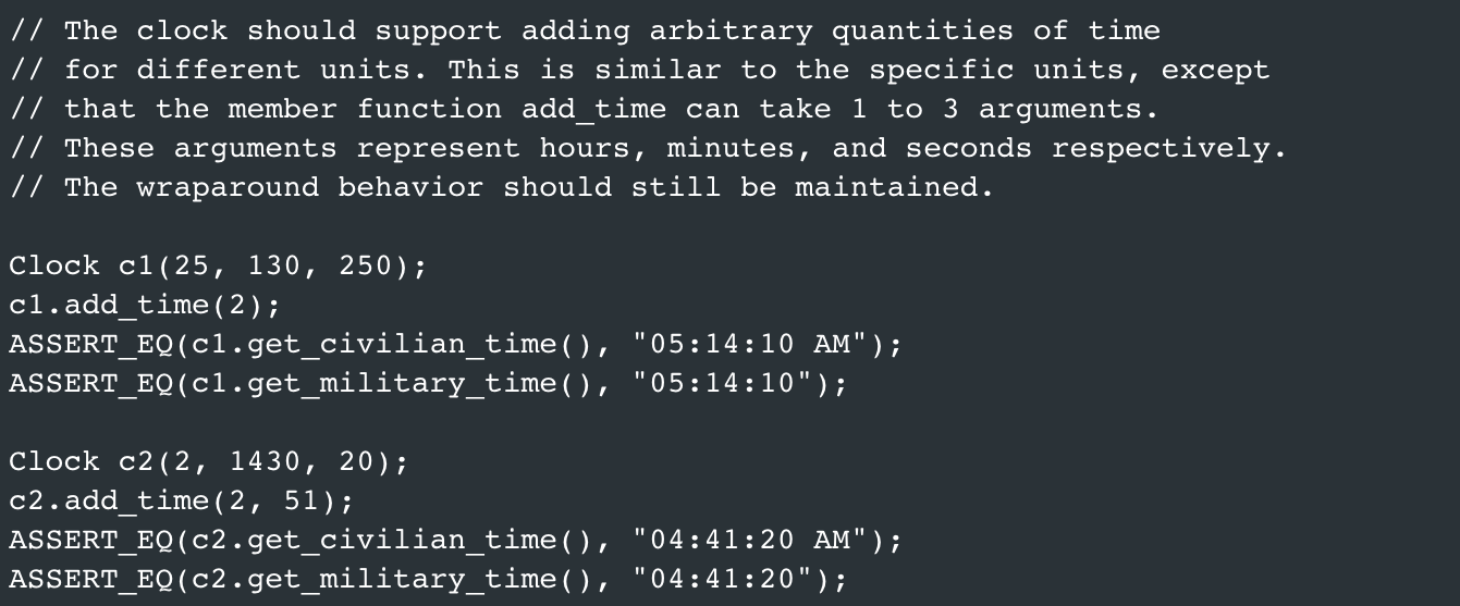 Solved clock c{}; ASSERT_EQ(C.get_civilian_time(), "00:00:00 | Chegg.com