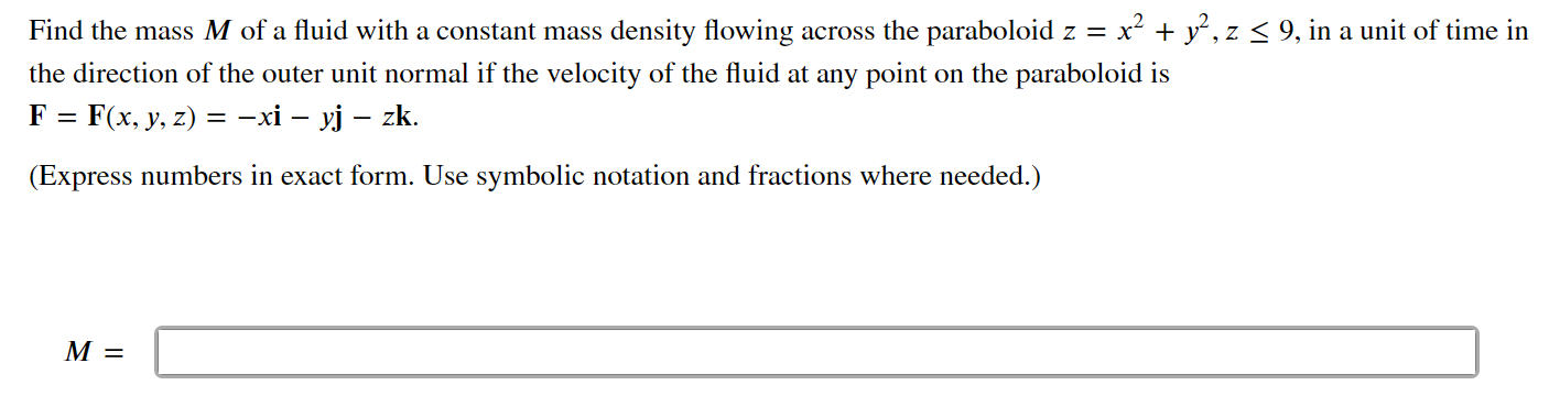 Solved Find the mass M of a fluid with a constant mass | Chegg.com