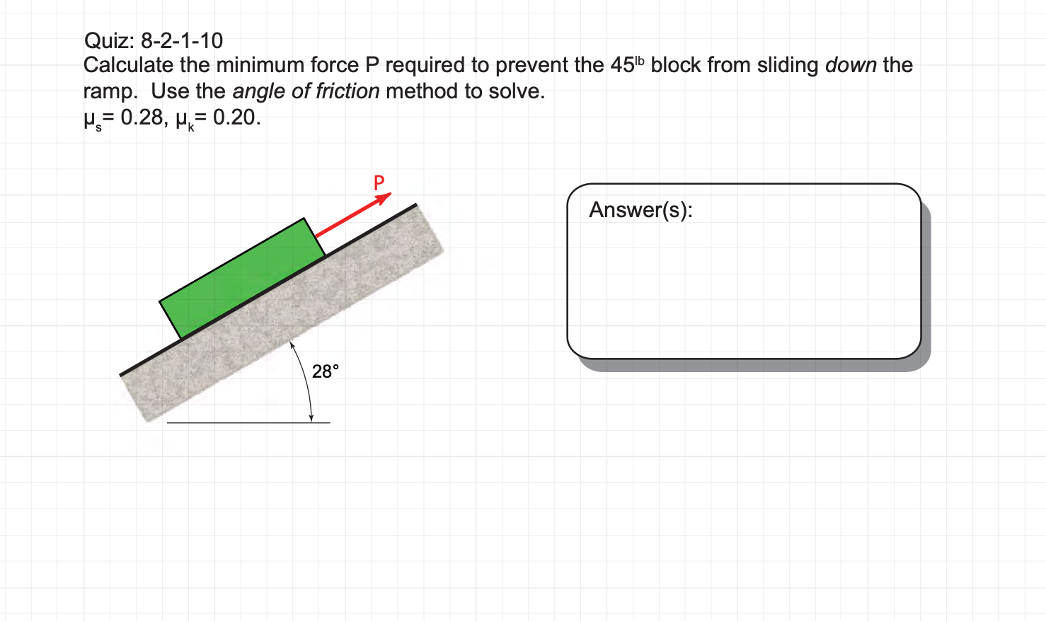 Solved Quiz 8 2 1 10 Calculate The Minimum Force P Required