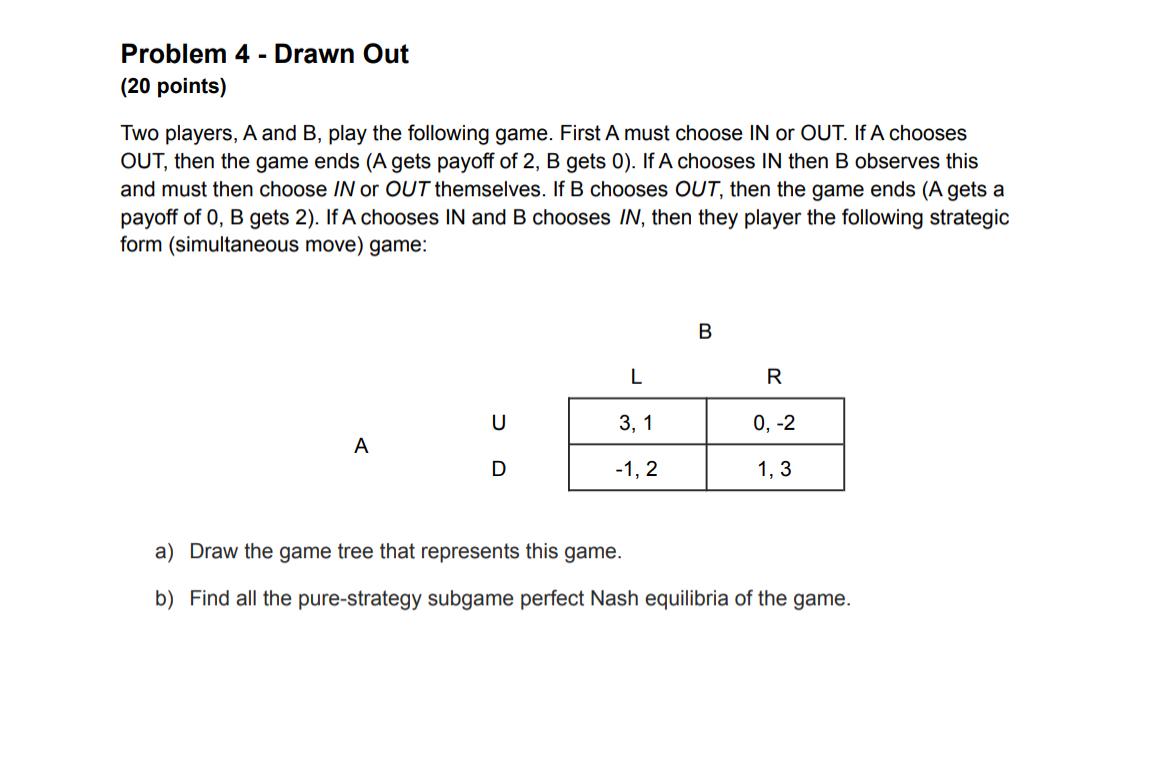 Solved Problem 4 - Drawn Out (20 points) Two players, A and | Chegg.com