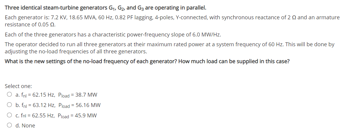 Solved Three identical steam-turbine generators G1, G2, and | Chegg.com