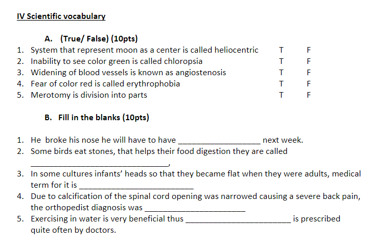 Solved IV Scientific vocabulary A. (True False) (10pts) 1. | Chegg.com