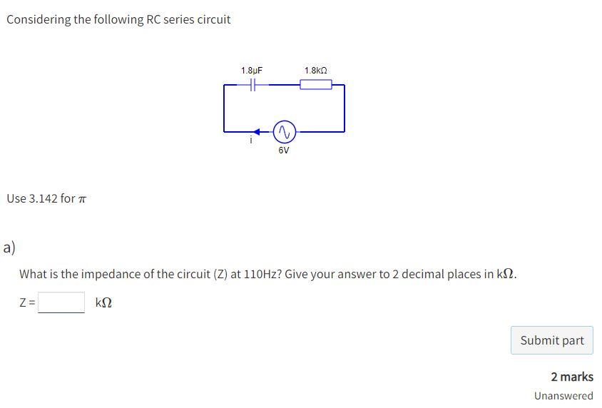 Solved Considering the following RL series circuit Use 3.142 | Chegg.com