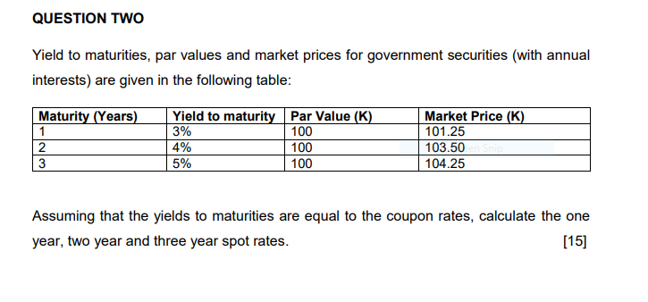Solved Yield to maturities, par values and market prices for | Chegg.com
