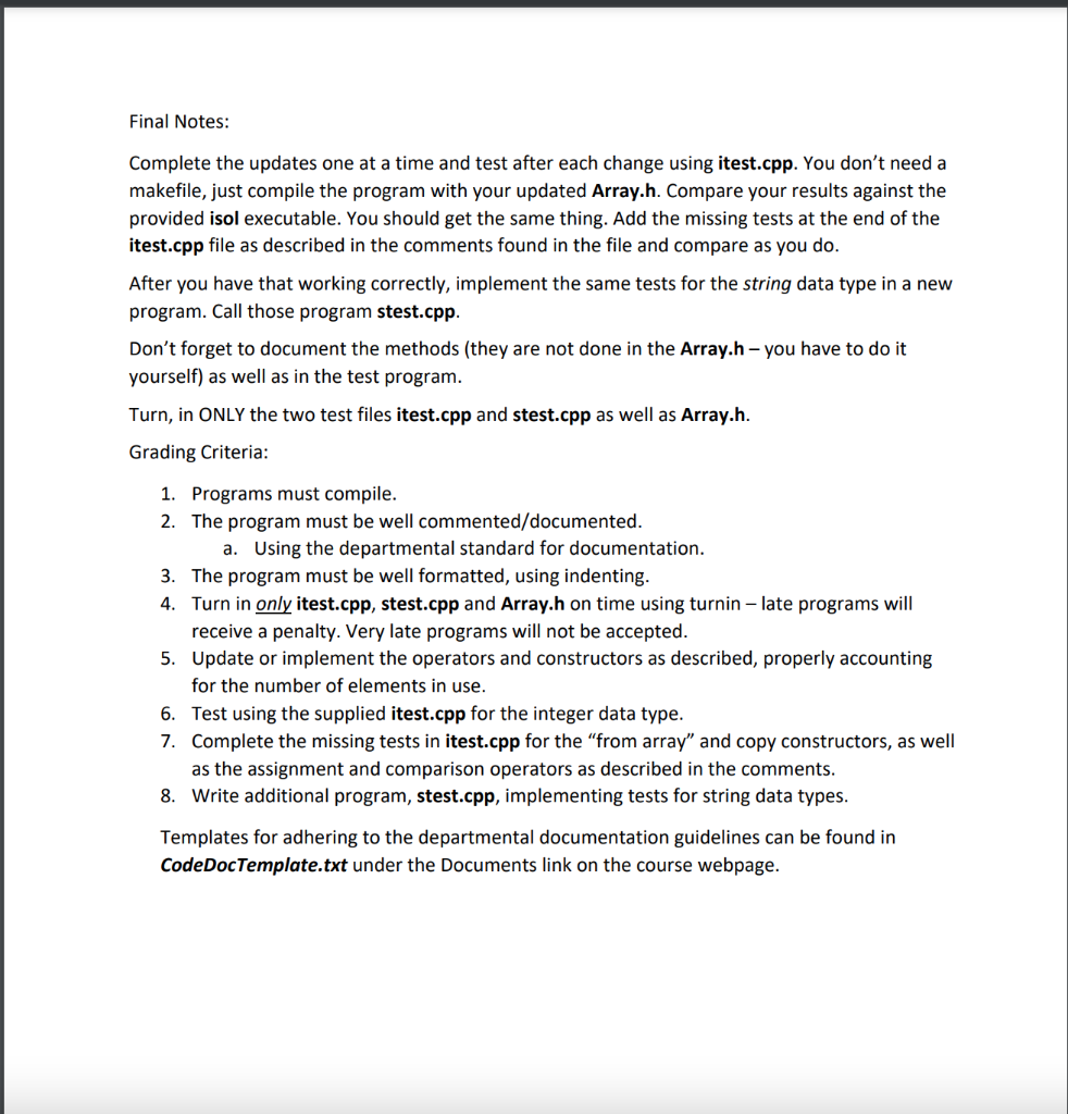 Supplied: Array template class: Array.h Initial | Chegg.com