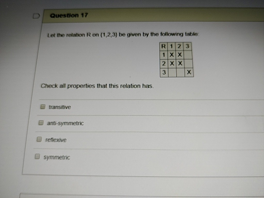 Solved D Question 17 Let the relation R on (1,2,3) be given | Chegg.com