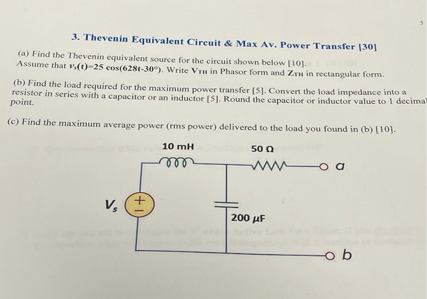 Solved 3. Thevenin Equivalent Circuit \& Max Av. Power | Chegg.com