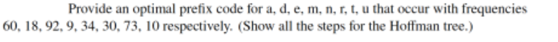 Solved Provide an optimal prefix code for a, d, e, m, n, r, | Chegg.com