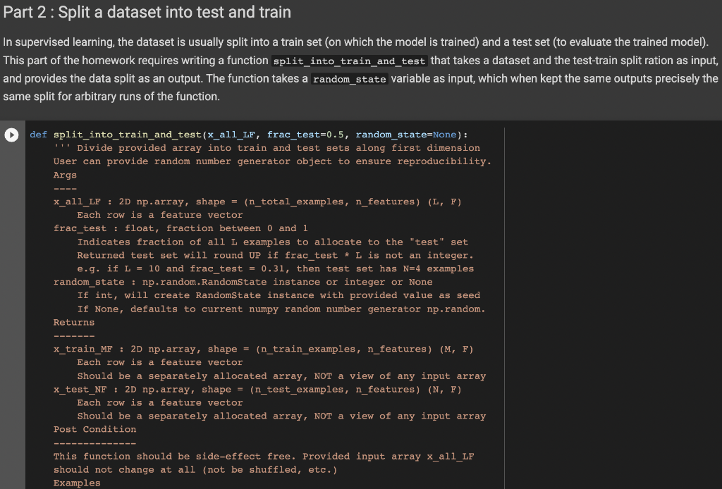 Solved Part 2 : Split a dataset into test and train n | Chegg.com