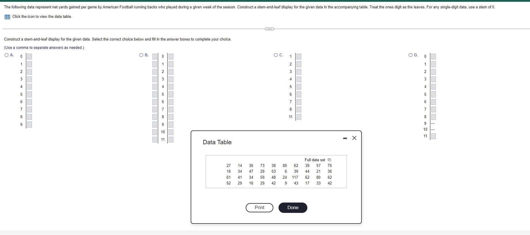 Solved The following data represent net yards gained per | Chegg.com