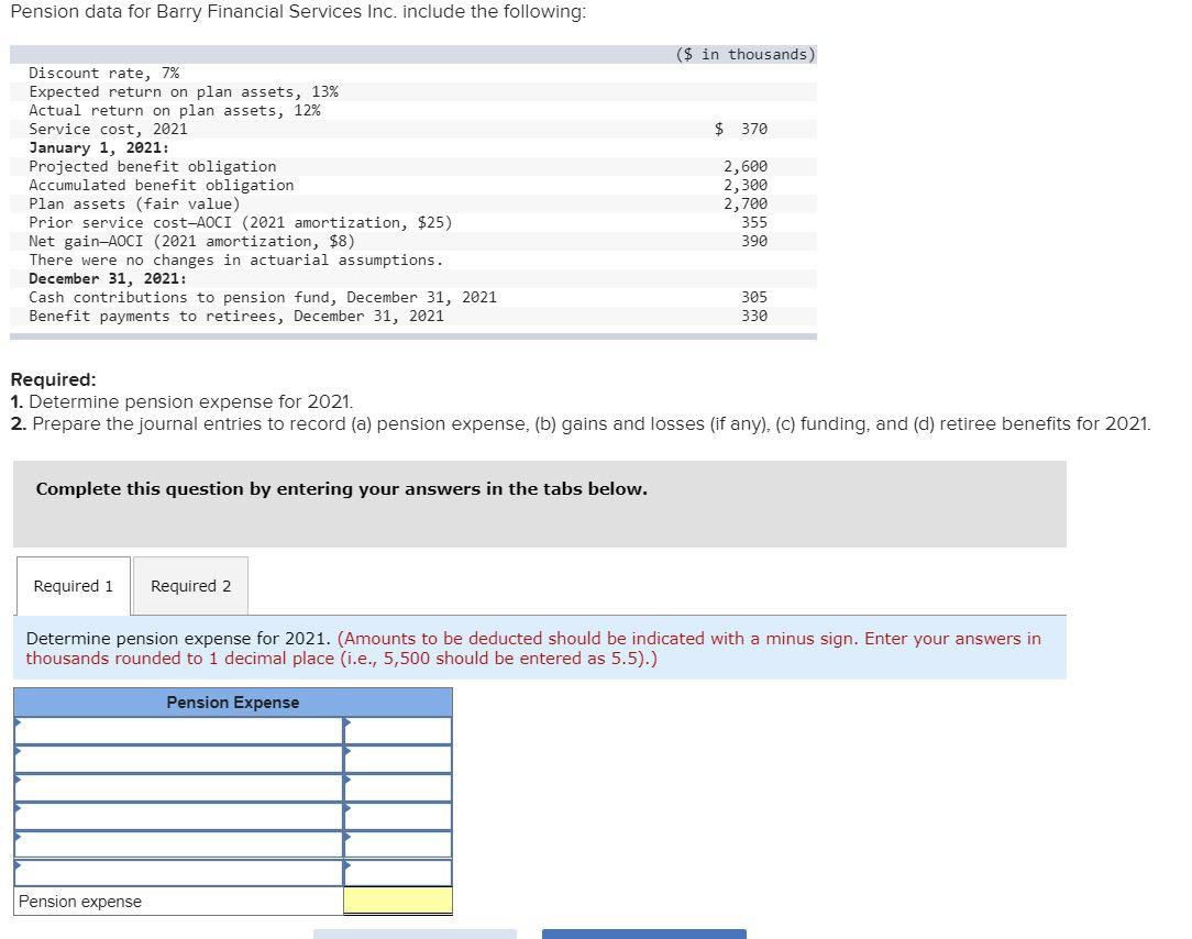 Solved 1. Determine pension expense for 2021. 2. Prepare the | Chegg.com